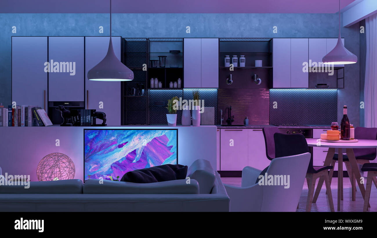 Modern Living Room with colored led light - Smart home. 3D render Stock ...