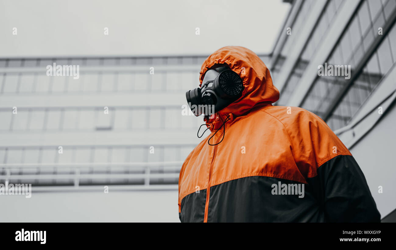 Protection respirator half mask for toxic gas.The man prepare to wear ...
