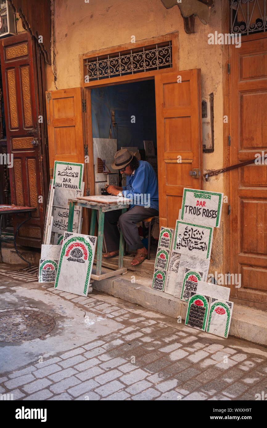 artisan stone mason in the fes medina morocco engraving marble Stock ...