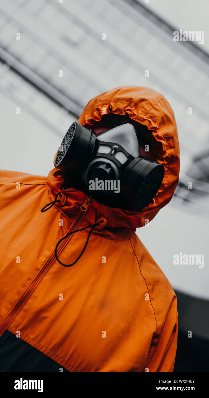 Protection respirator half mask for toxic gas.The man prepare to wear ...