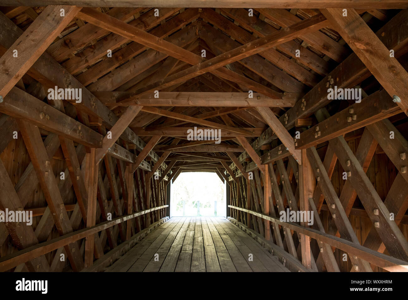 Trusses and beams in geometric shapes at The Old Covered Bridge, also ...