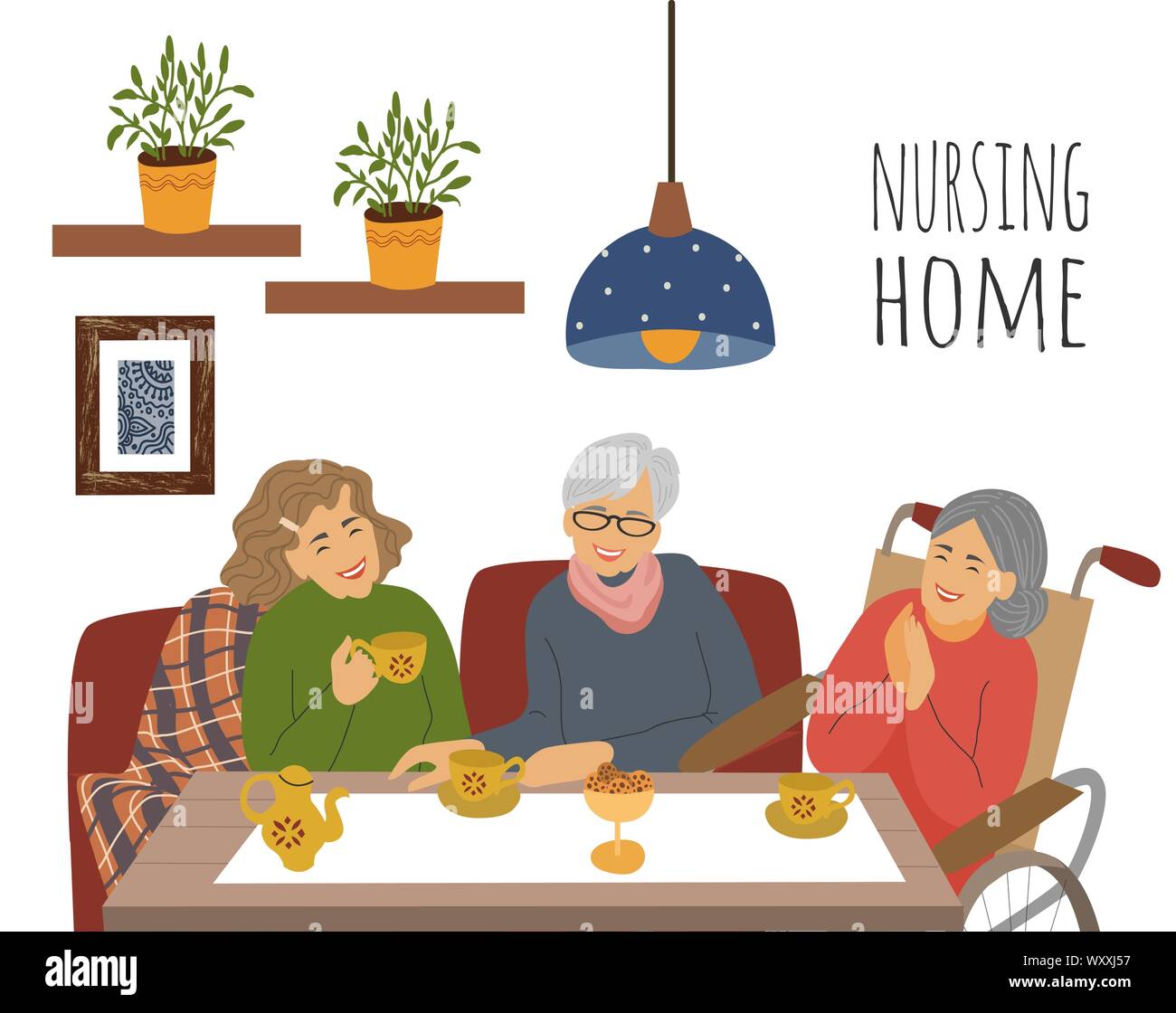 Nursing home. A heerful elderly womans at a tea party. Flat hand drawn ...