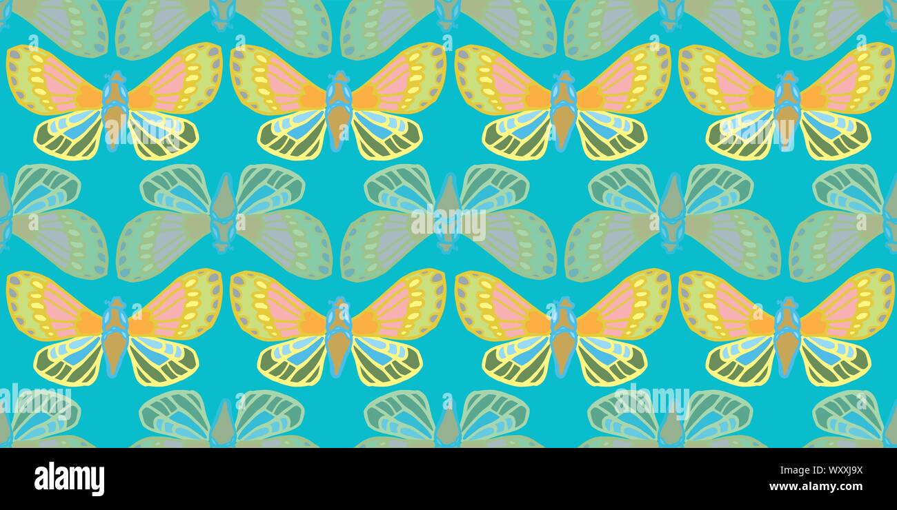 Colorful exotic butterfly pattern. Hand drawn butterfly in a row on ...