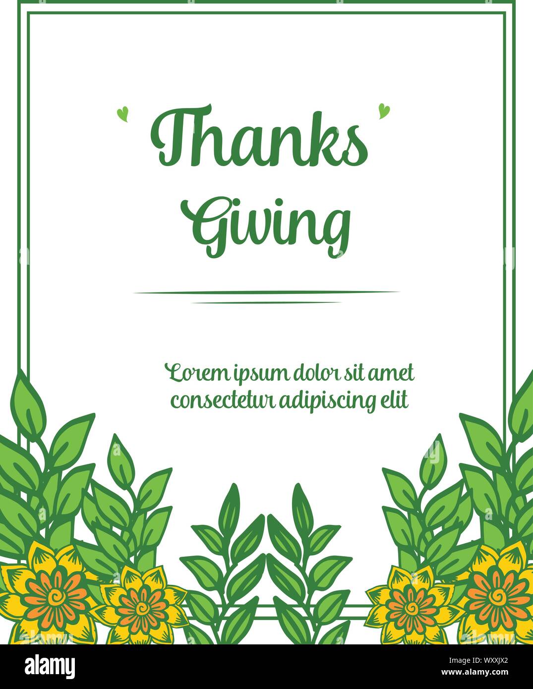 Ornate text of thanksgiving, with feature green leafy flower frame on ...