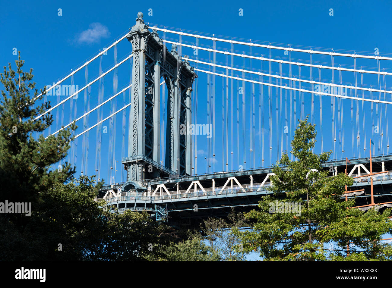 Piers, wire supports and cables of Manhattan Bridge viewed from ...