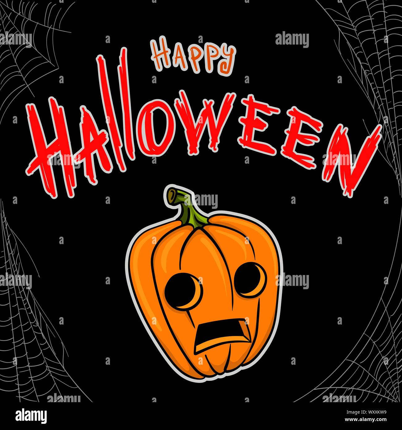 Greeting card with Happy Halloween lettering, pumpkin and cobweb ...