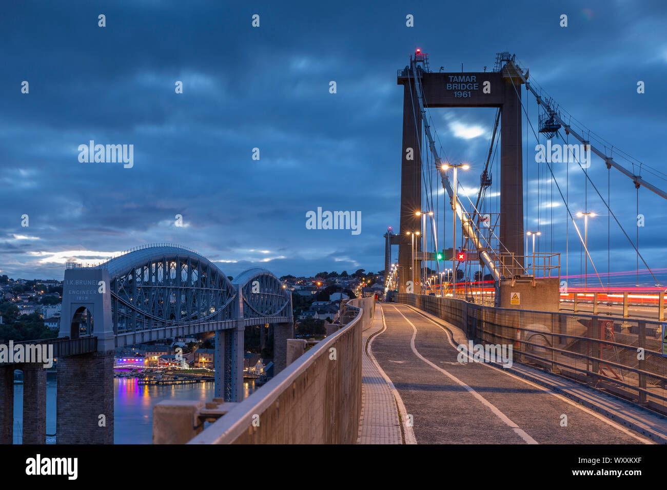 Tamar Bridge from Devon Side after sunset into dusk. The bridge ...
