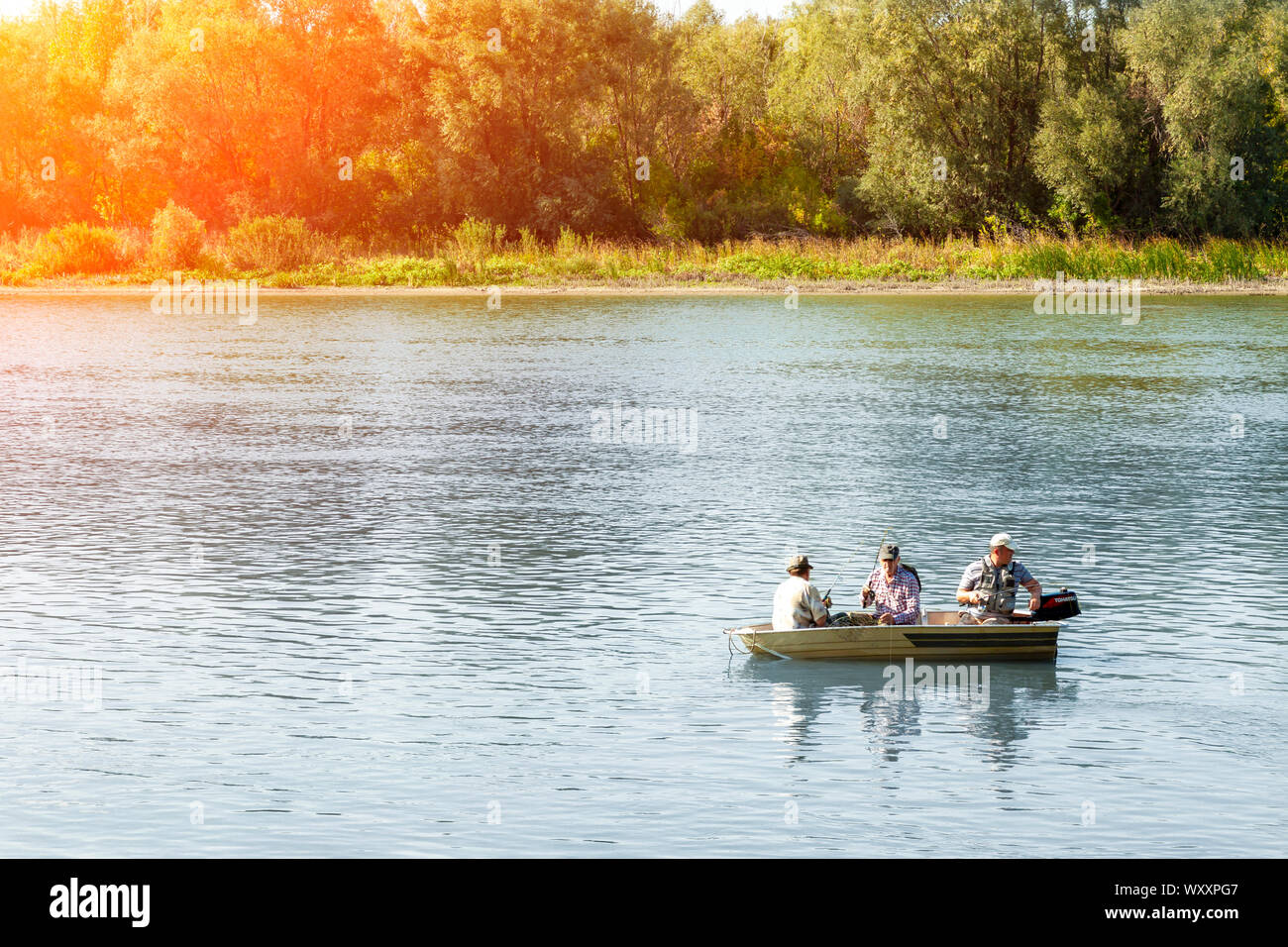 Volgograd, Russia, 11.09.2019 Fishermen catch fish in a small boat ...
