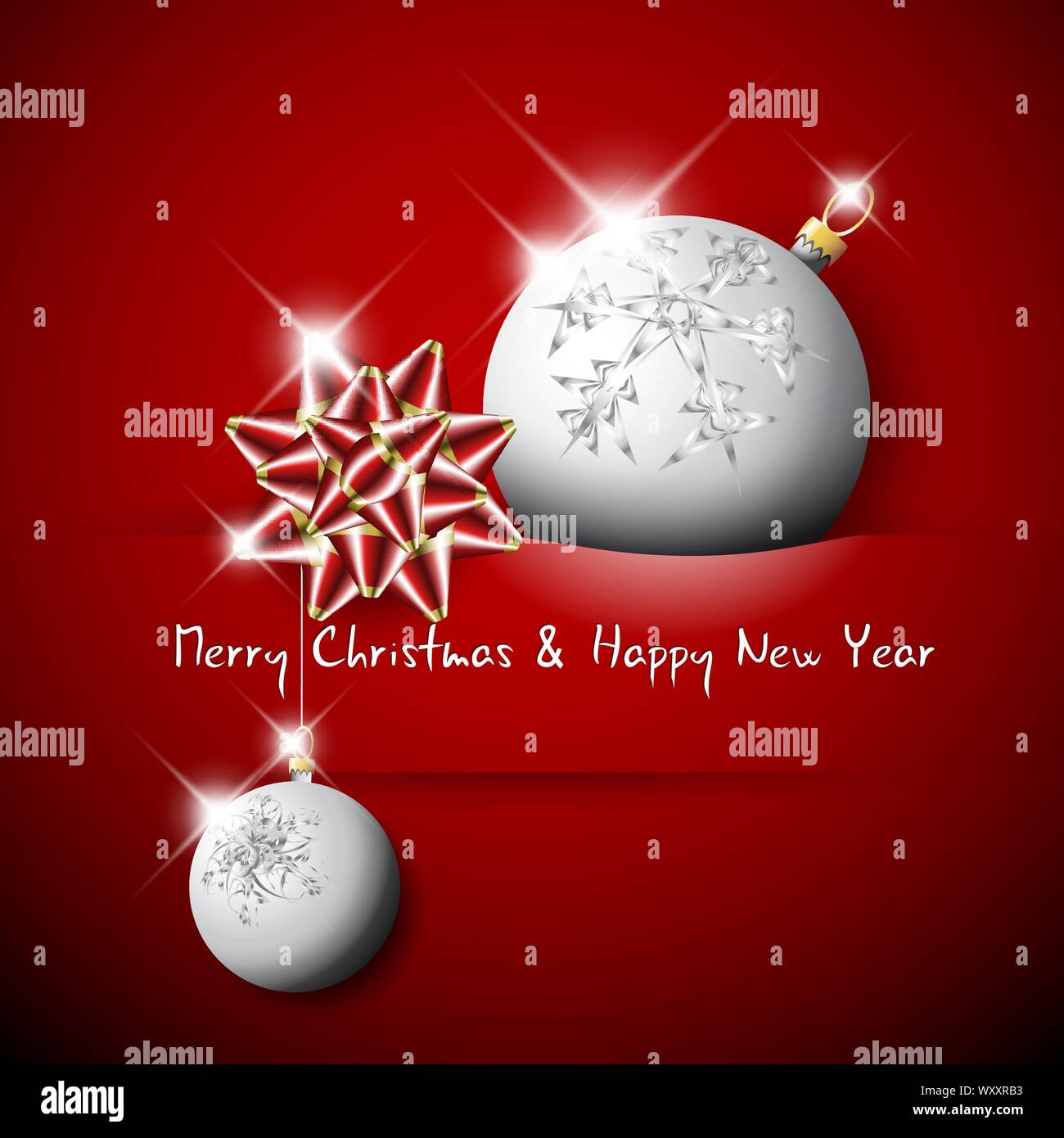 Simple vector red christmas card with silver baubles and red bow Stock ...