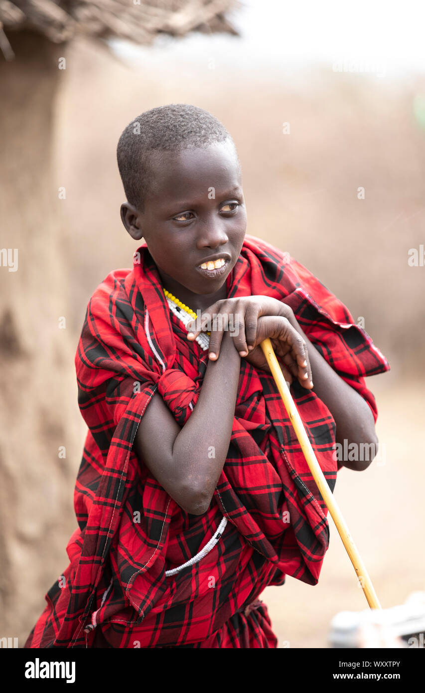 Arusha, Tanzania, 7th September 2019: young maasai boy in traditional ...