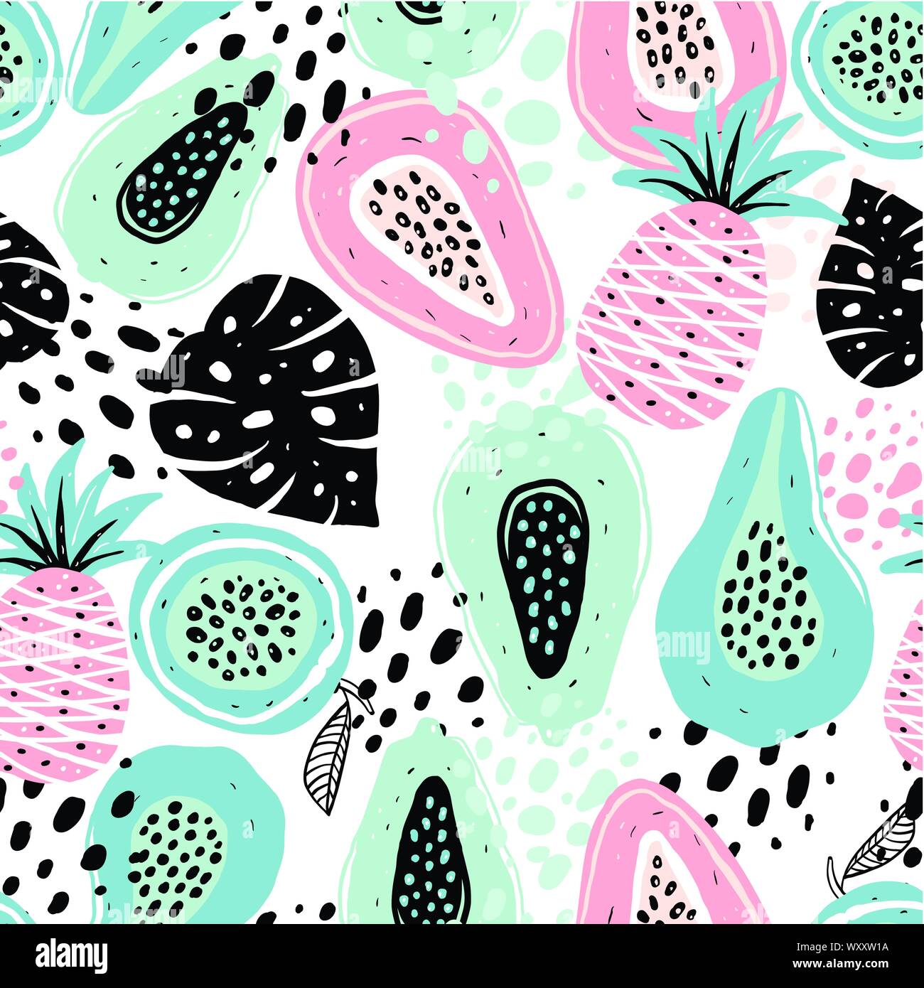 Seamless pattern with creative modern fruits. Hand drawn trendy ...