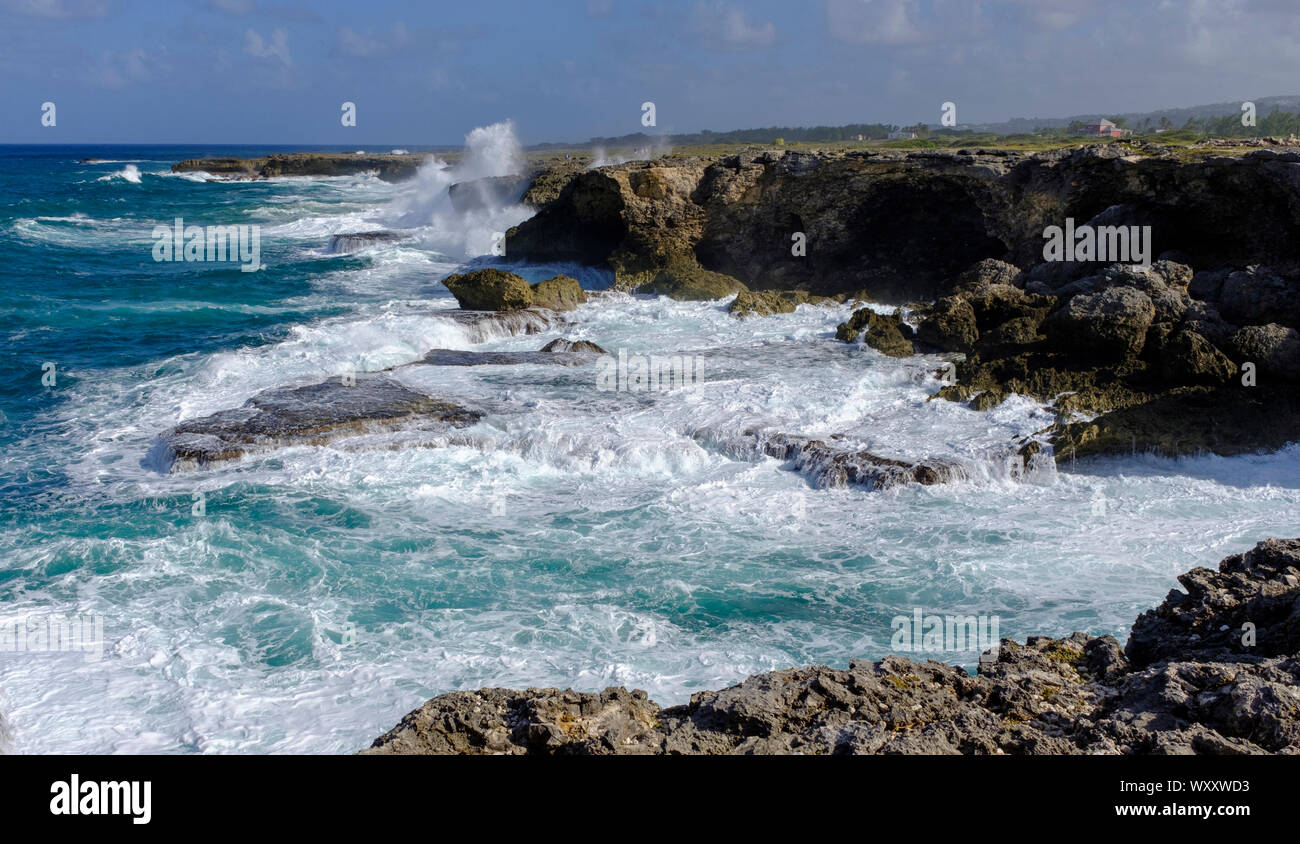 Ocean waves crash against the rocky cliffs of North Point, Barbados ...