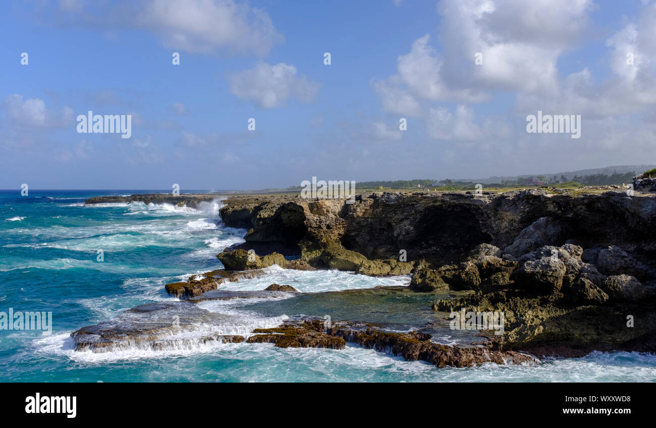 Ocean waves crash against the rocky cliffs of North Point, Barbados ...
