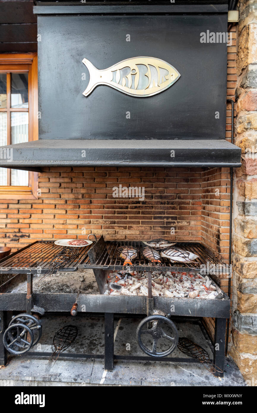 Fish in the grill in Asador Iribar restaurant in Getaria, Gipuzkoa ...