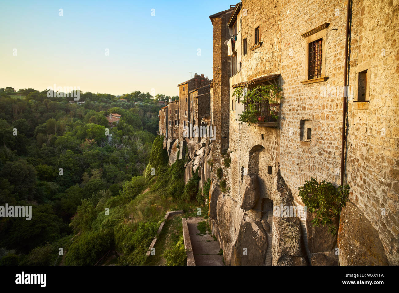 Landscape and panorama at sunset of the ancient medieval village of ...