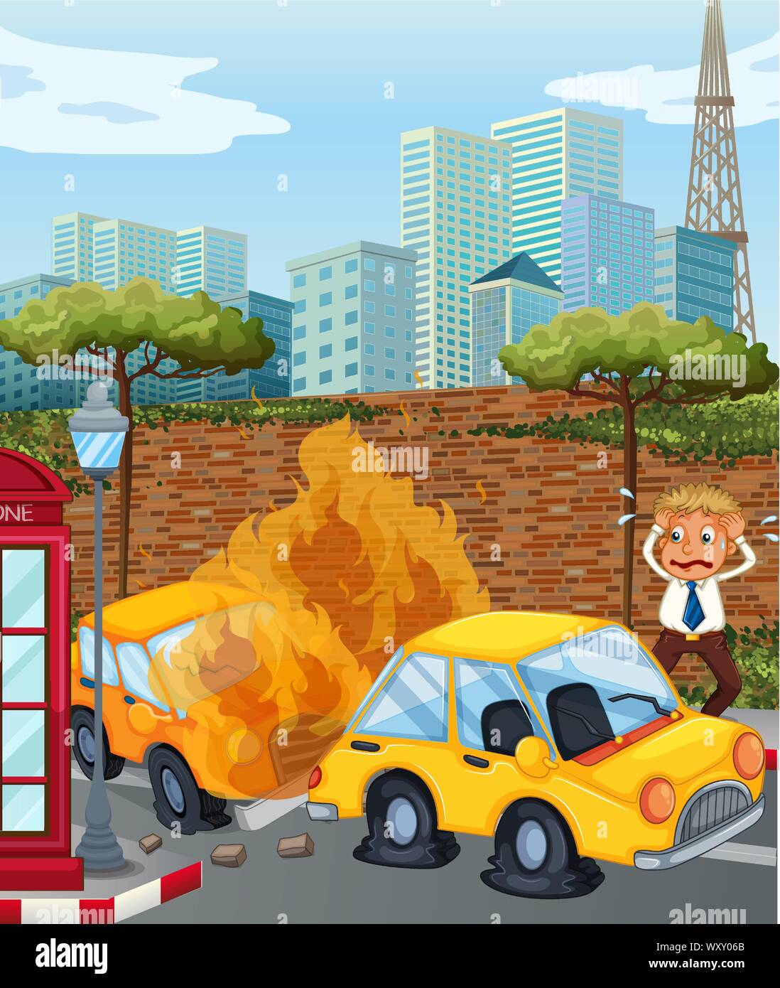 Accident scene with cars on fire in the city illustration Stock Vector ...