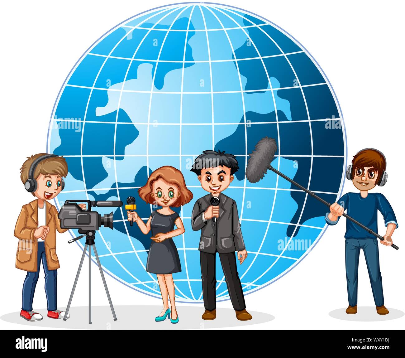News reporter and photographer with globe in background illustration ...