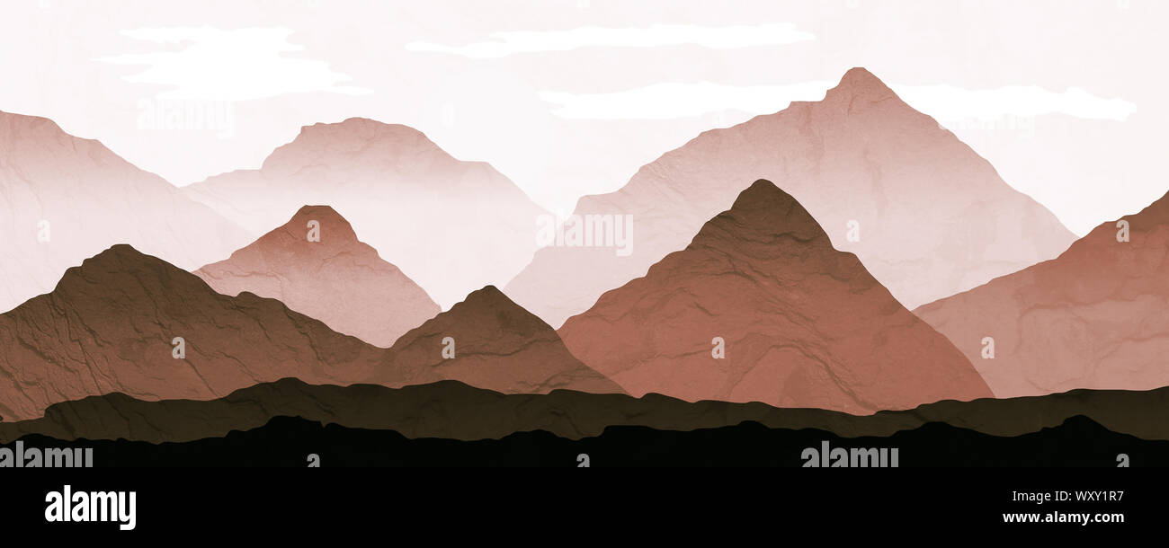 Mountain Landscape illustration with distant mist. Processed in ...