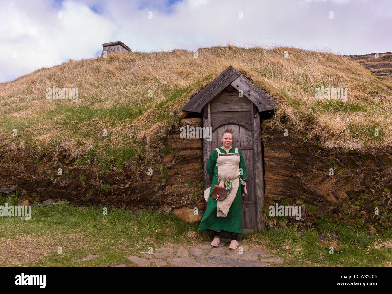 BUOARDALUR, ICELAND - Woman guide in period costume, Eiriksstadir ...