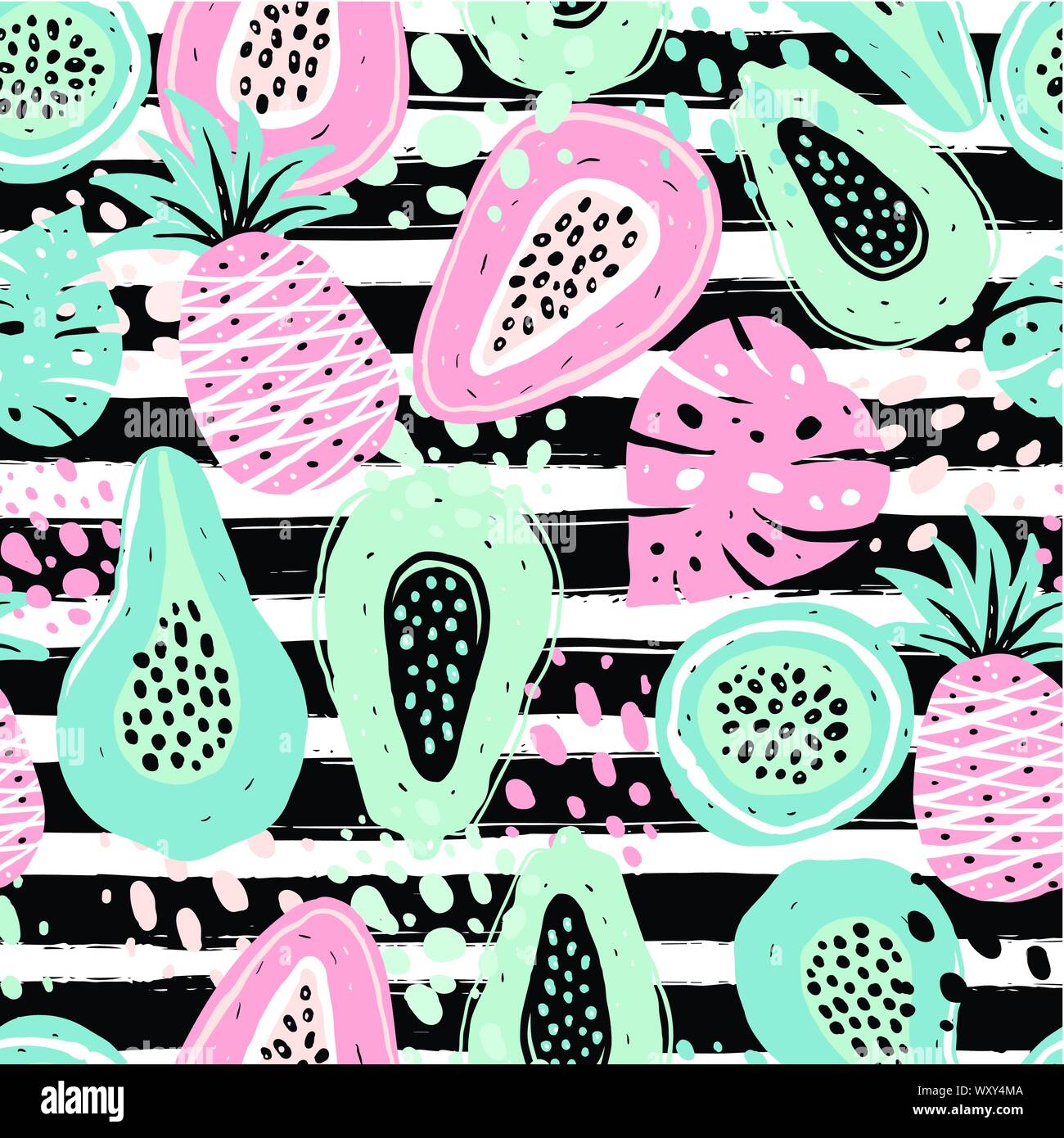 Seamless pattern with creative modern fruits. Hand drawn trendy ...