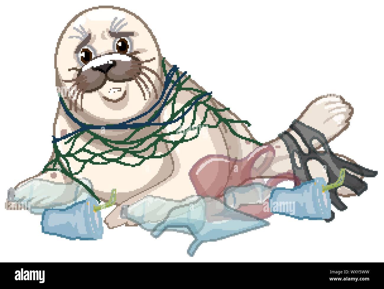 Seal gets caught with net and plastics illustration Stock Vector Image ...