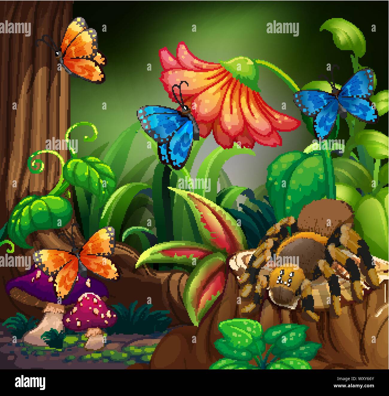 Butterflies and spider in the forest illustration Stock Vector Image ...