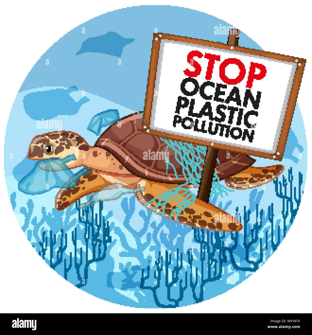 Poster design with sea turtle holding stop plastic pollution ...