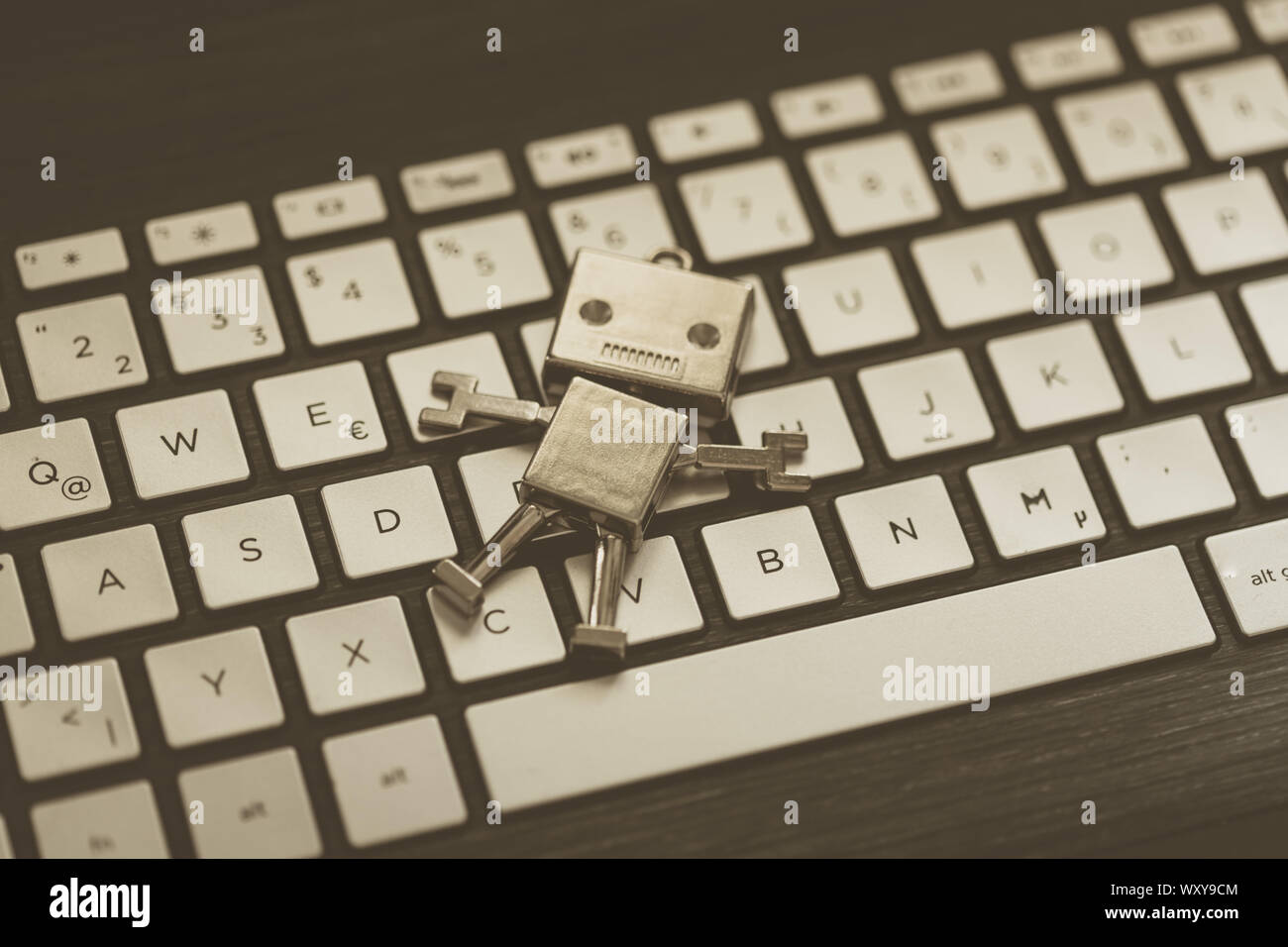 Symbol for a chatbot or social bot and algorithms, program code in the background Stock Photo ...