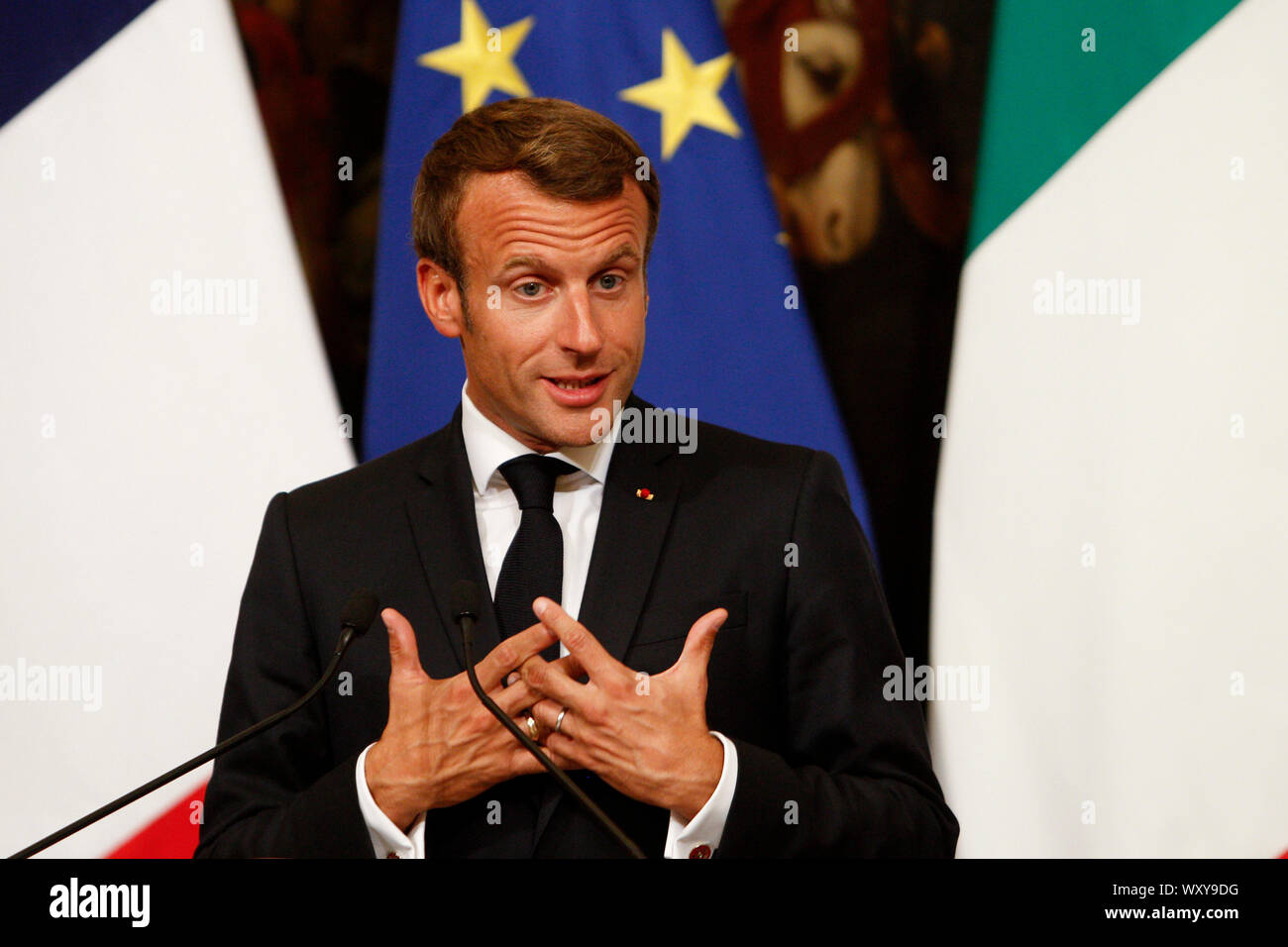 Rome, Italy, 18 Sep 2019. French President Emmanuel Macron attends a ...