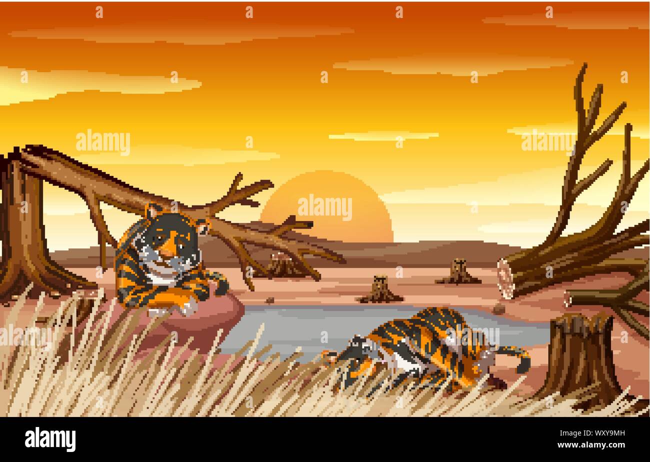 Pollution control scene with tigers and deforestation illustration ...