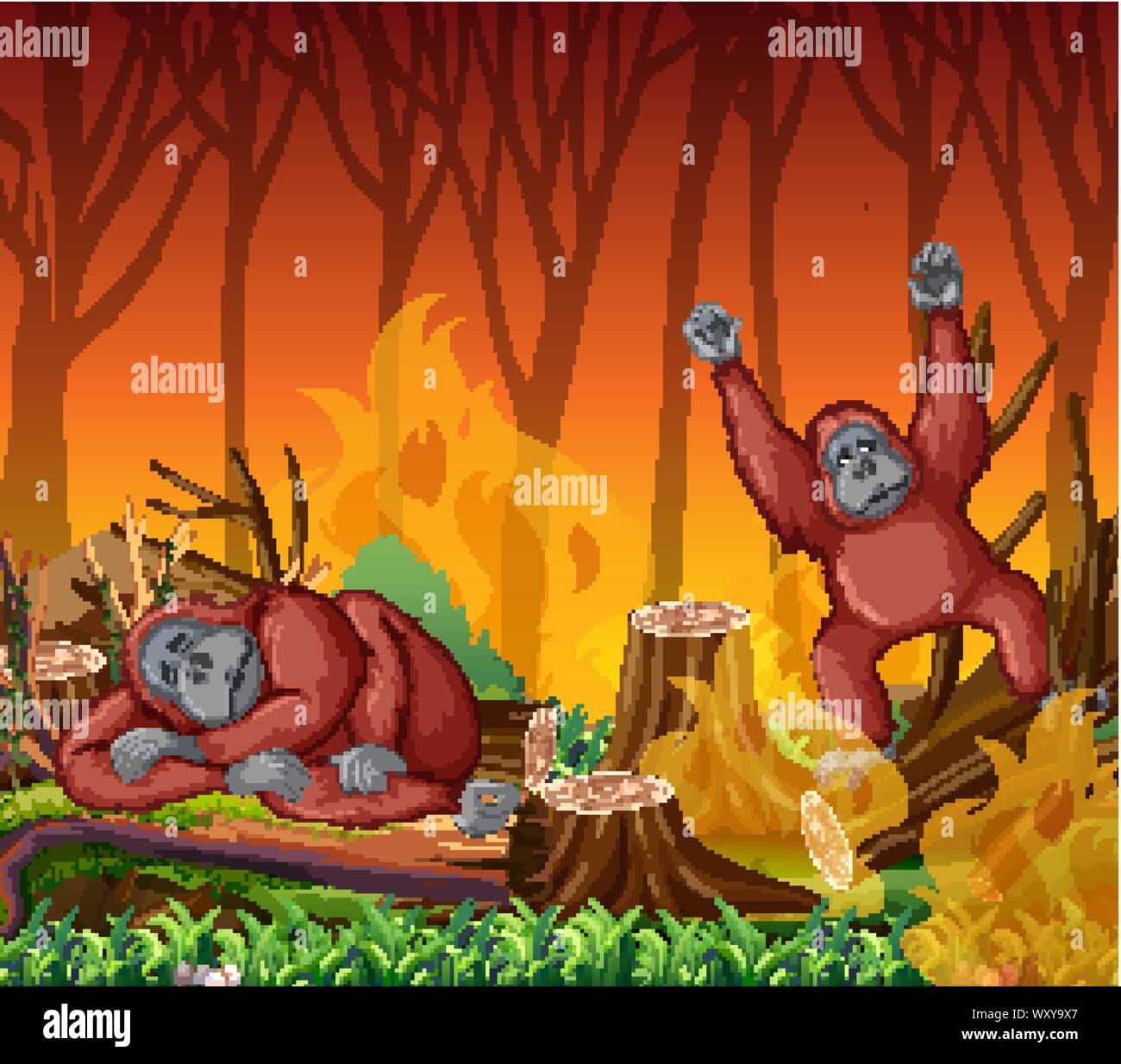Deforestation scene with monkey and wildfire illustration Stock Vector ...