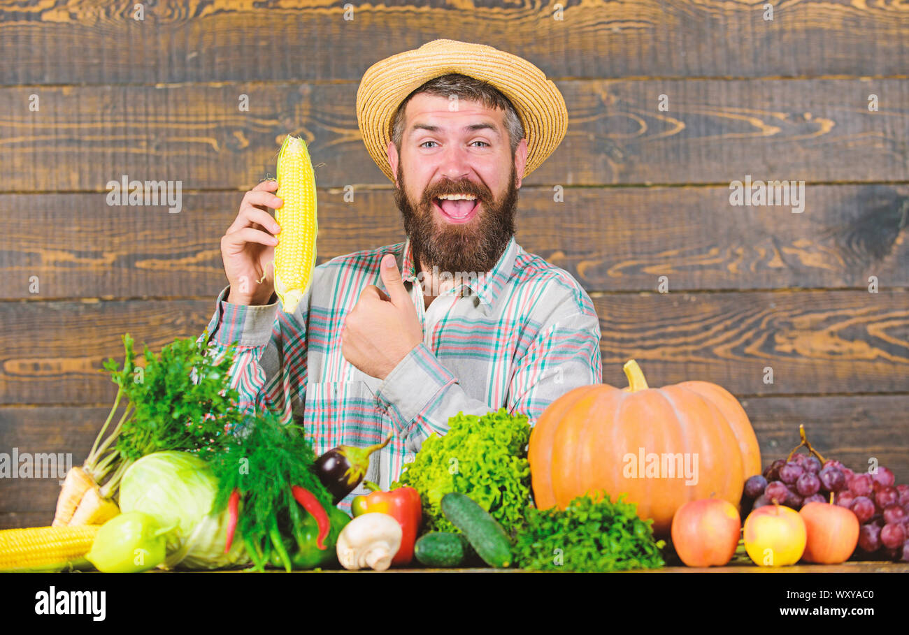Farmer straw hat presenting fresh vegetables. Farmer with homegrown ...