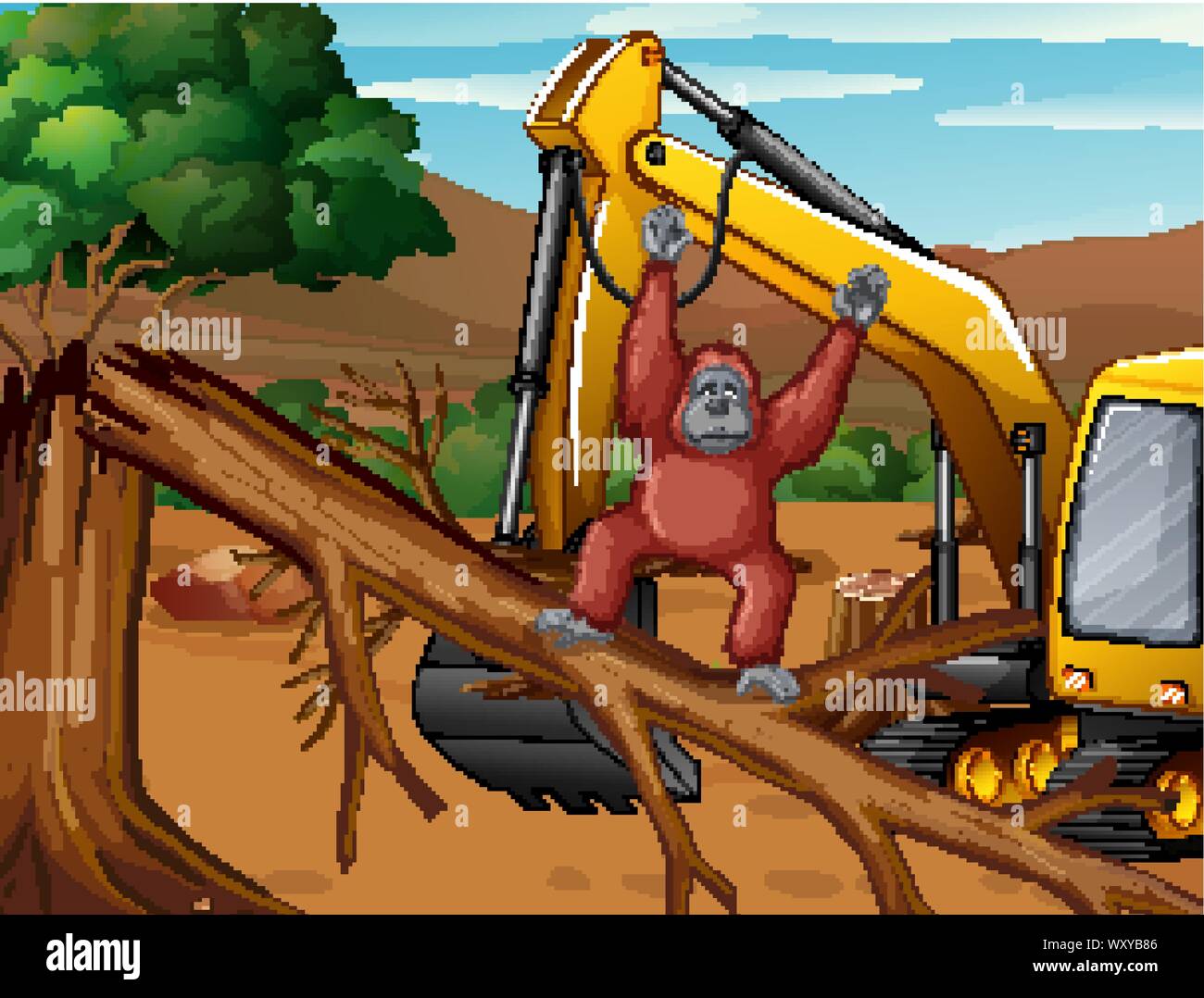 Deforestation scene with monkey and tractor illustration Stock Vector ...