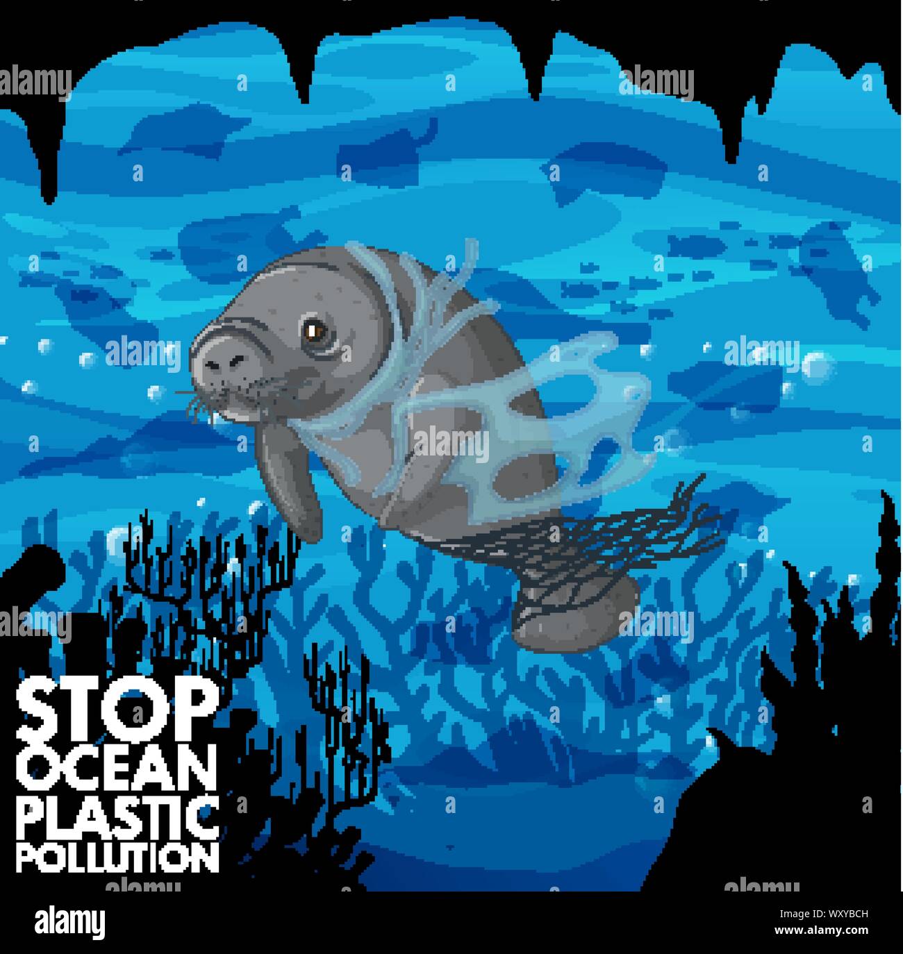 Poster design with manatee and plastic bags underwater illustration ...