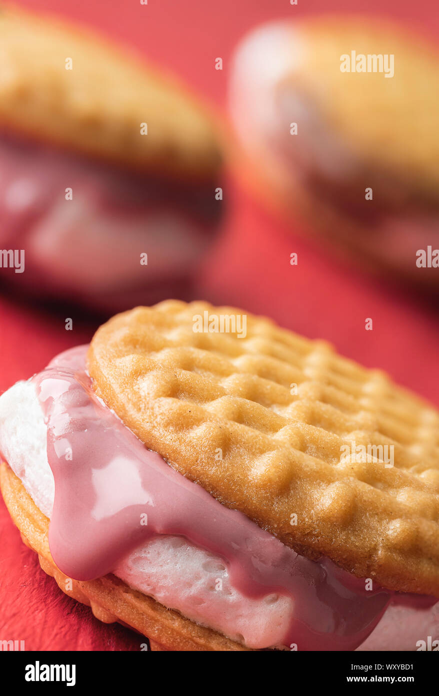 Round smores close-up with melted ruby chocolate and marshmallows on a ...