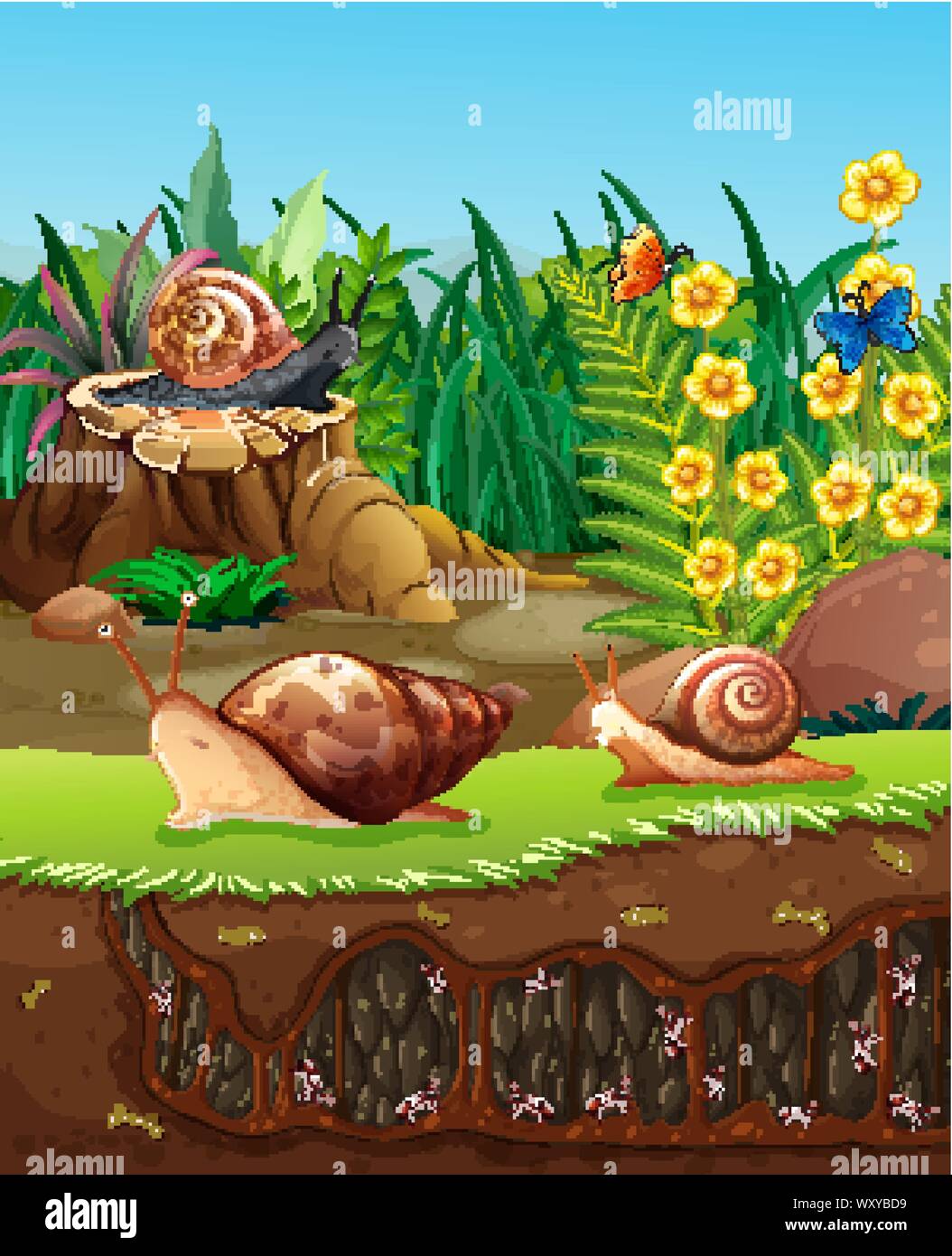 Nature scene with snails crawling in garden illustration Stock Vector ...