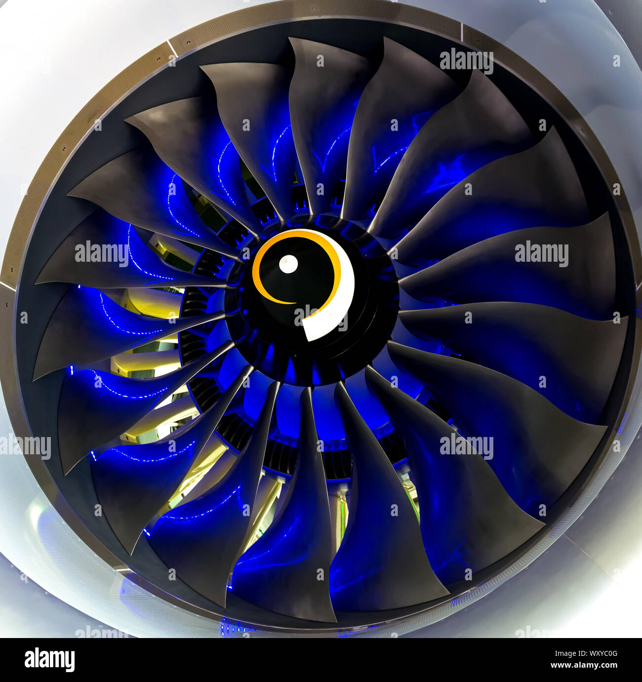 Turbo-jet engine of the plane on close up. Blue light Stock Photo - Alamy