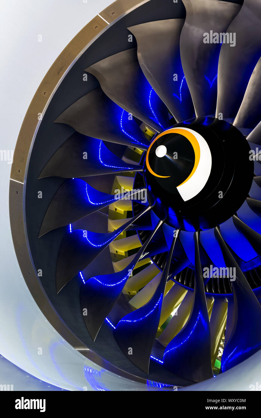 Turbo-jet engine of the plane on close up. Blue light Stock Photo - Alamy