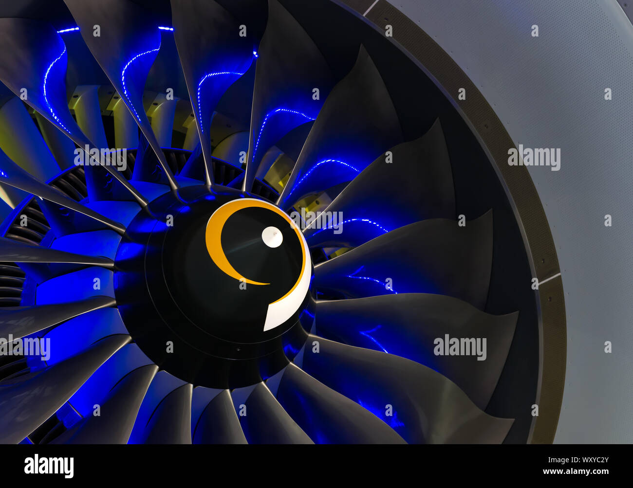 Turbo-jet engine of the plane on close up. Blue light Stock Photo - Alamy