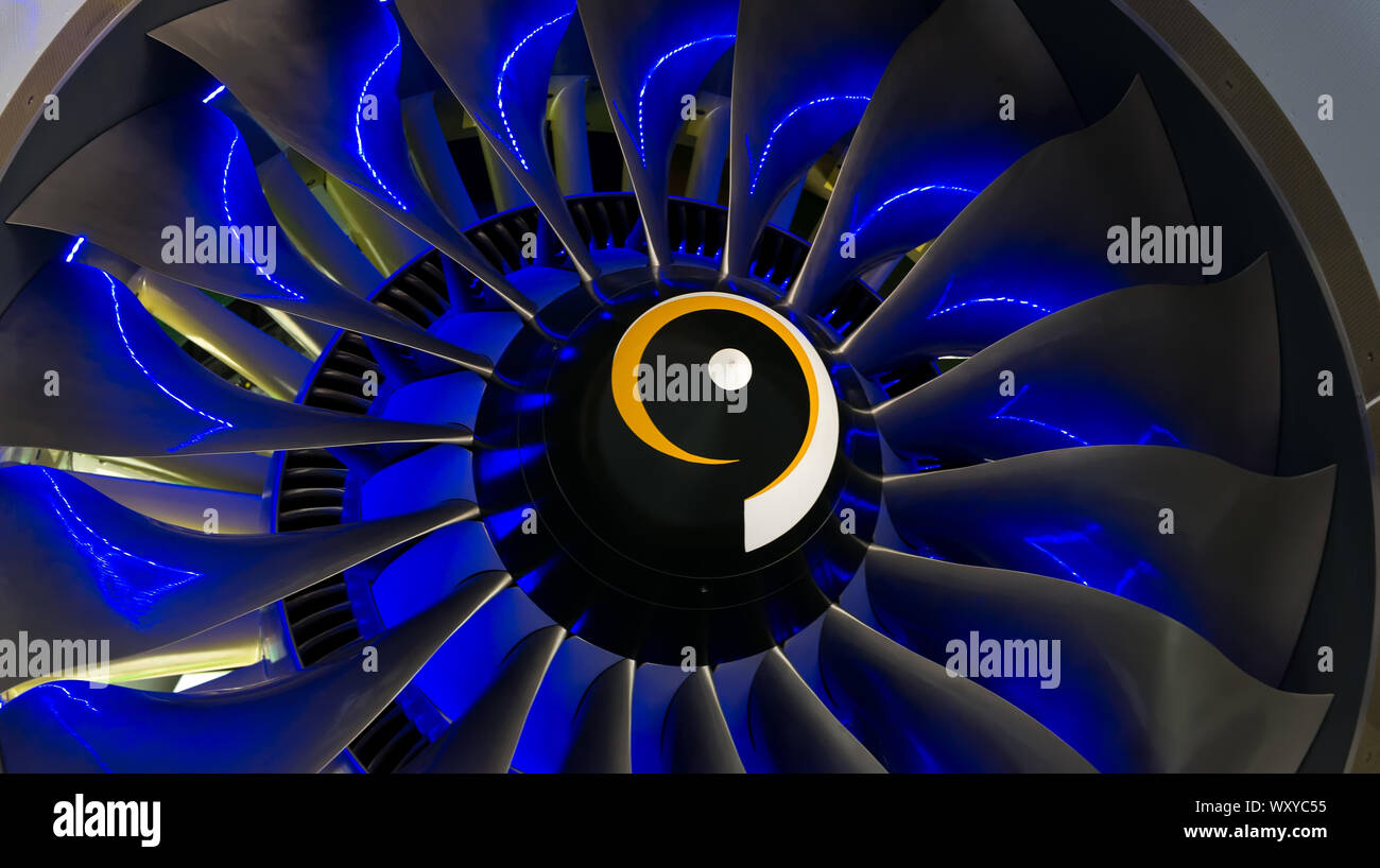 Turbo-jet engine of the plane on close up. Blue light Stock Photo - Alamy