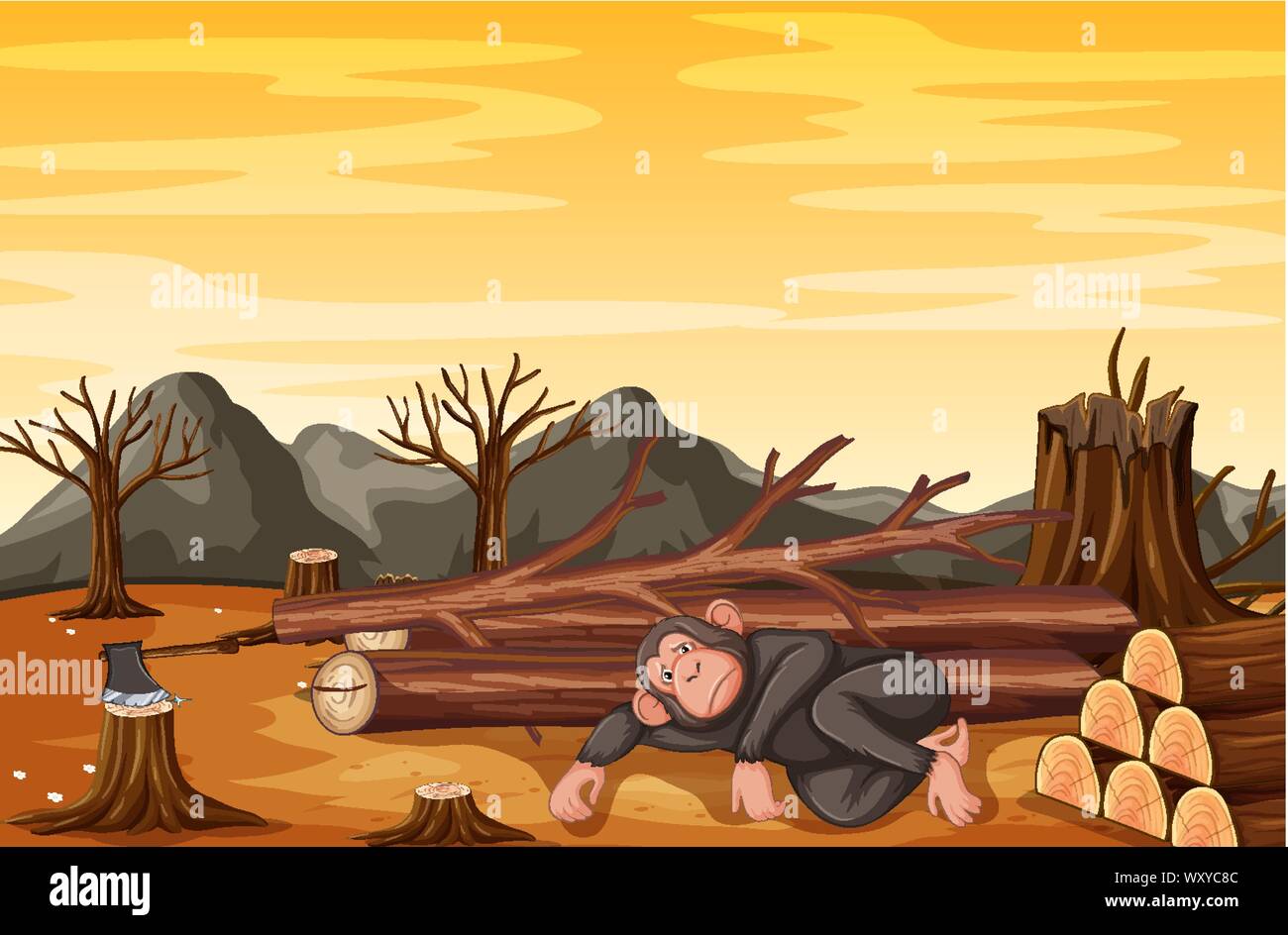 Deforestation scene with monkey and timber illustration Stock Vector ...