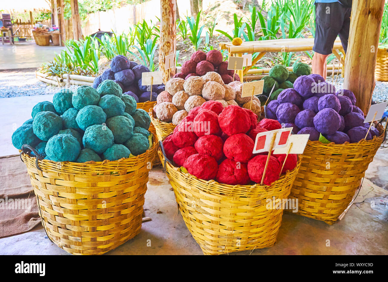 The colorful paper pulp balls in large baskets in Poopoopaper park ...
