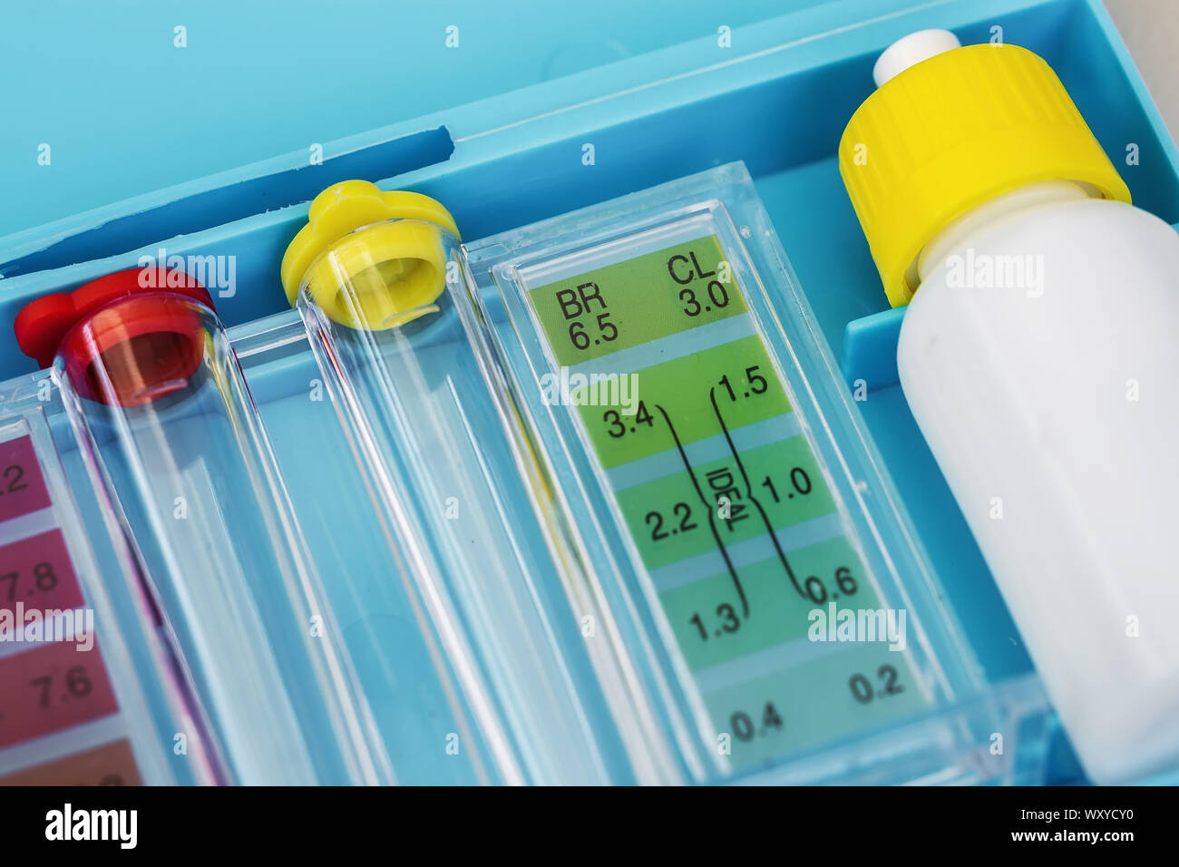 Kit of Ph chlorine and bromide test. Close-up on the test zone for ...