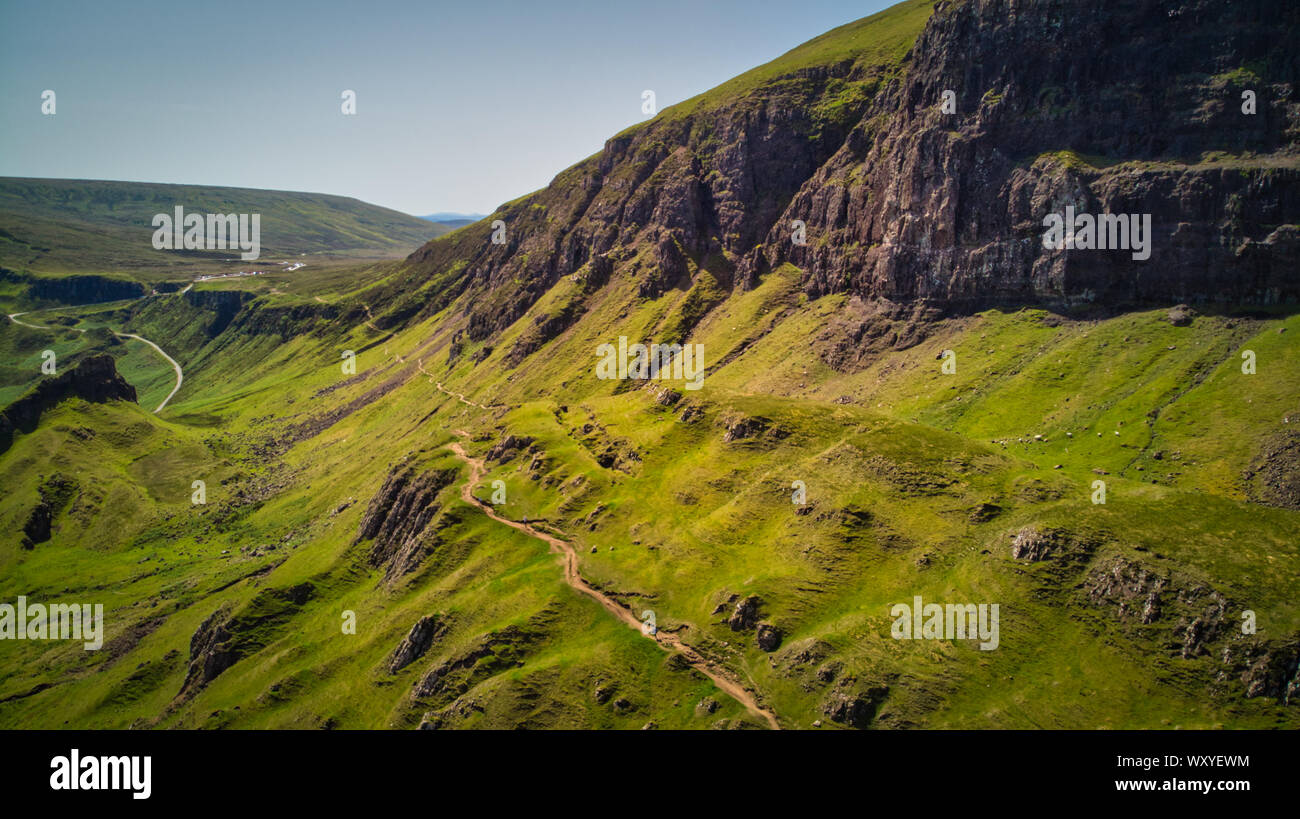 The dramatic landscape of the Quiraing on the Isle of Skye, Scotland. A ...