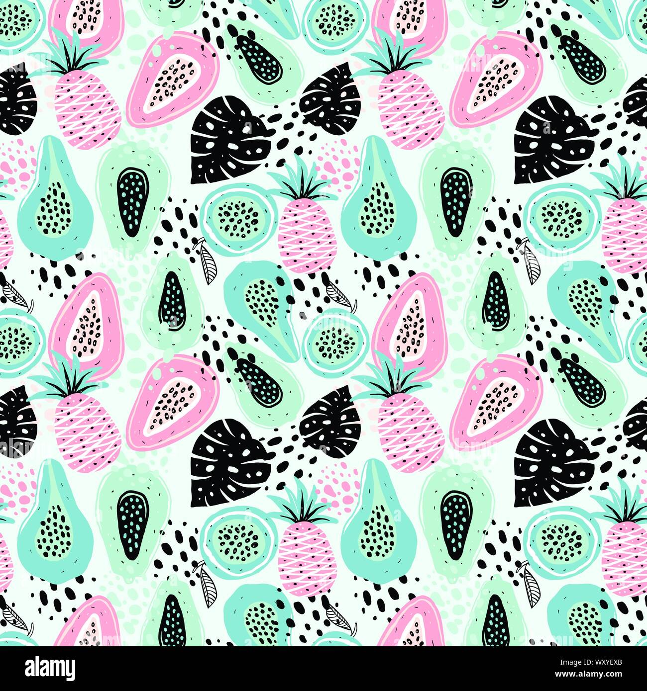 Seamless pattern with creative modern fruits. Hand drawn trendy ...