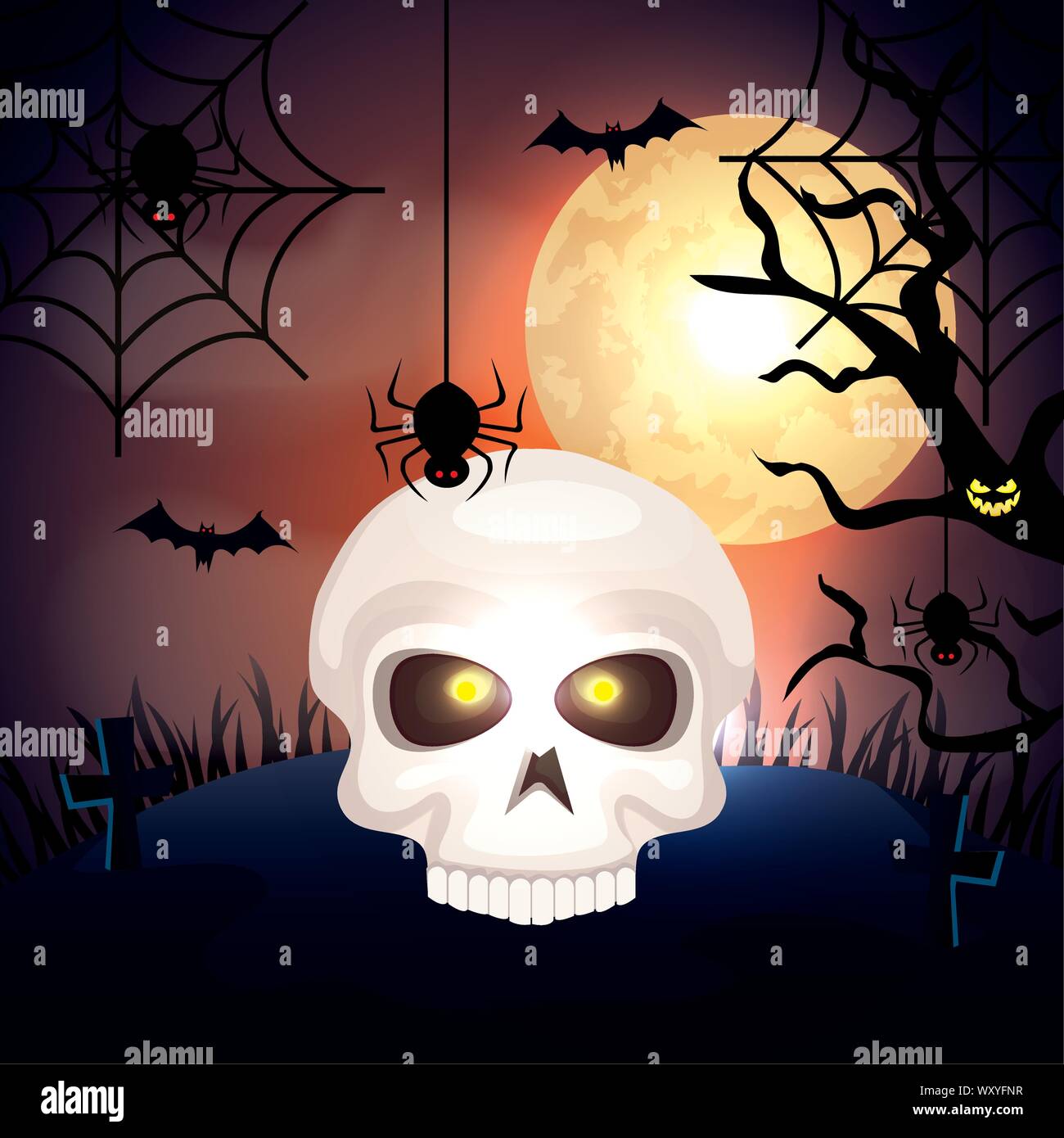 skull in the dark night and icons of halloween Stock Vector Image & Art ...