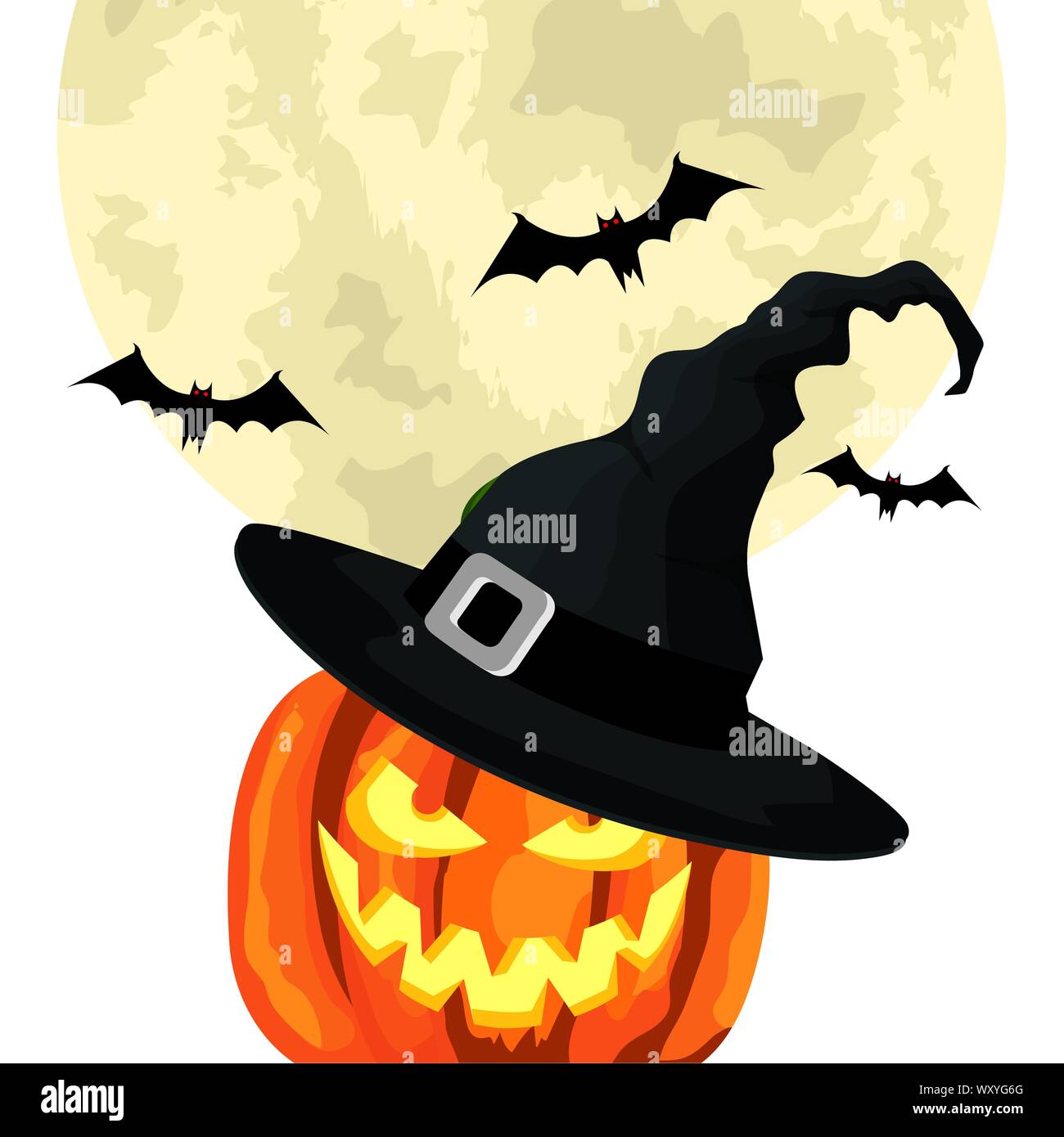 halloween pumpkin with hat witch and bats flying Stock Vector Image ...
