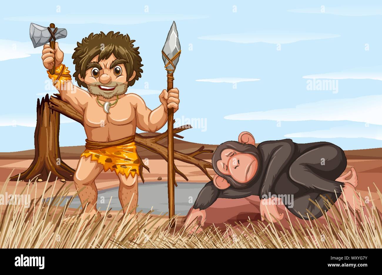 Caveman and monkey in the field illustration Stock Vector Image & Art ...