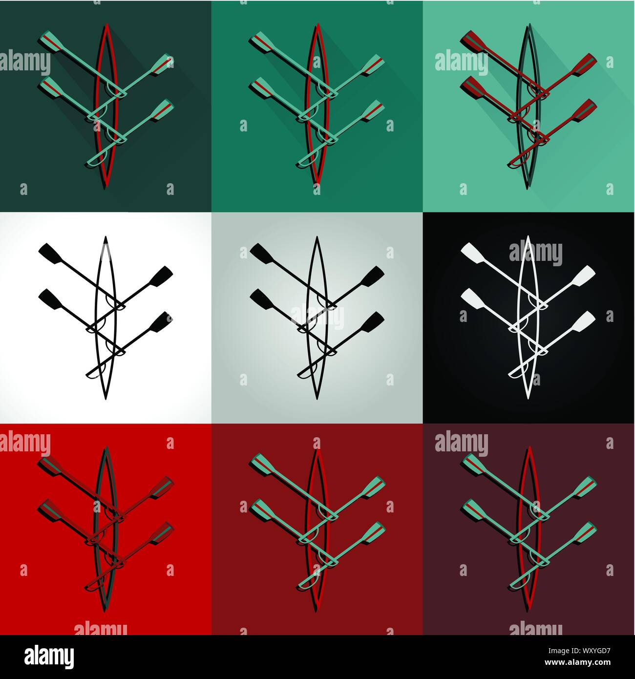 Set of multi-colored icons with a rowing boat, suitable for logo or ...