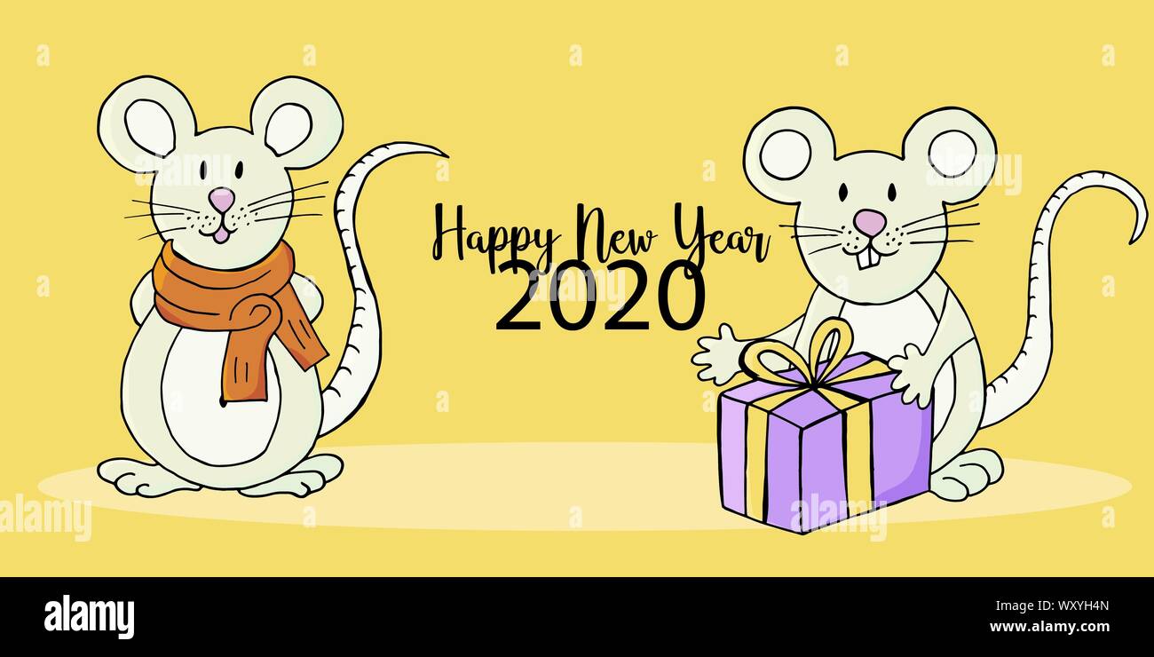 Year of the Rat. 2020 inscription on a yellow background. Happy New ...